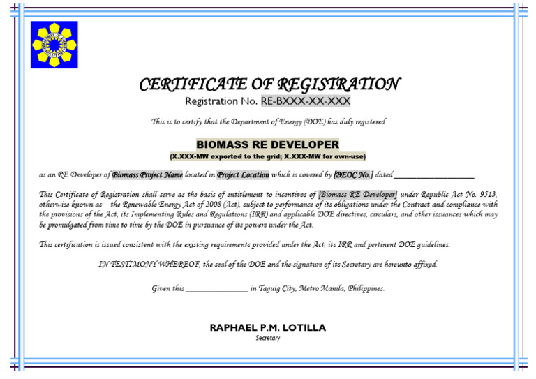 Annex A.2 Template Certificate of Registration | PDF
