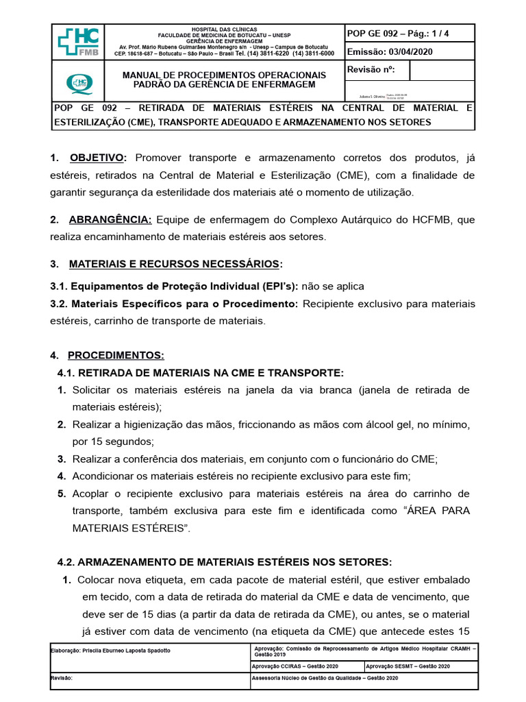 POP GE 092 - Retirada de Materiais Estereis Na Central de Material e ...