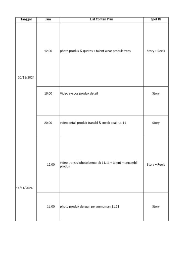 Rencana Konten Media Sosial 11.11 | PDF