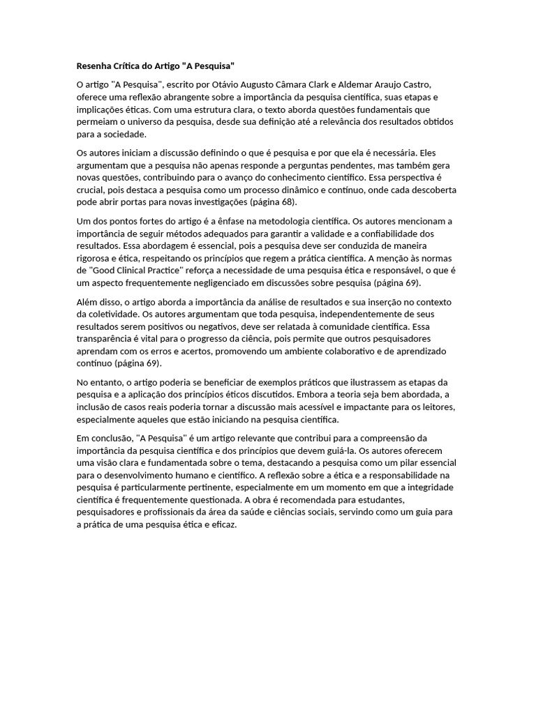 Resenha Crítica Do Artigo | PDF | Science | Método científico