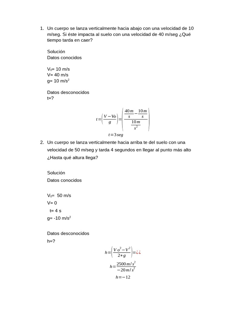 Movimiento Vertical Caida Libre MVCL Ejercicios Resueltos | PDF