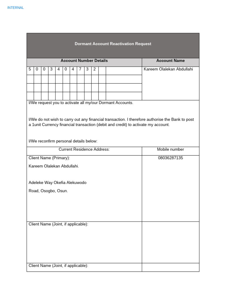 Dormant Account Reactivation Request New Form | PDF