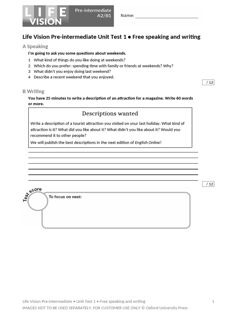 Life Vision A2-B1 - Unit 1 - Original - Speaking and Writing | PDF