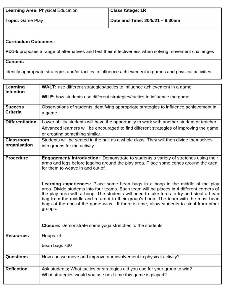 pe lesson plan | PDF | Lesson Plan | Learning