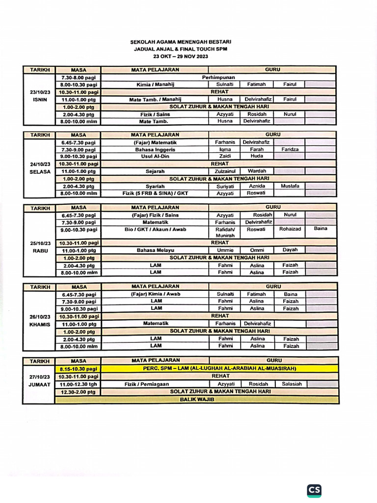 Jadual Anjal & Final Percubaan SPM | PDF