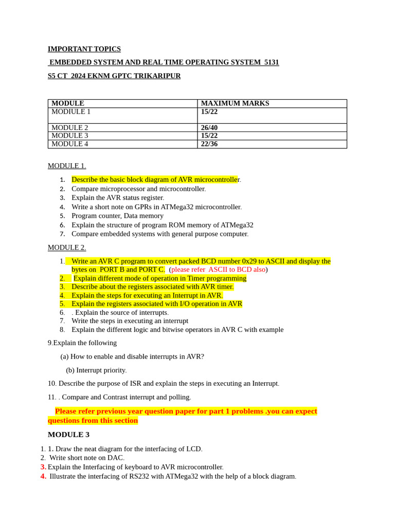 IMPORTANT TOPICS | PDF | Microcontroller | Embedded System