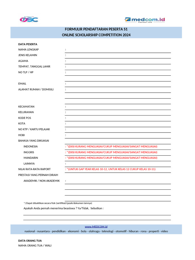 Formulir Beasiswa S1 2024 | PDF