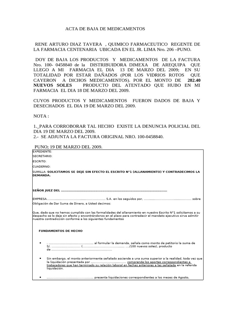 Acta de Baja de Medicamentos | PDF | Demanda judicial | Divorcio