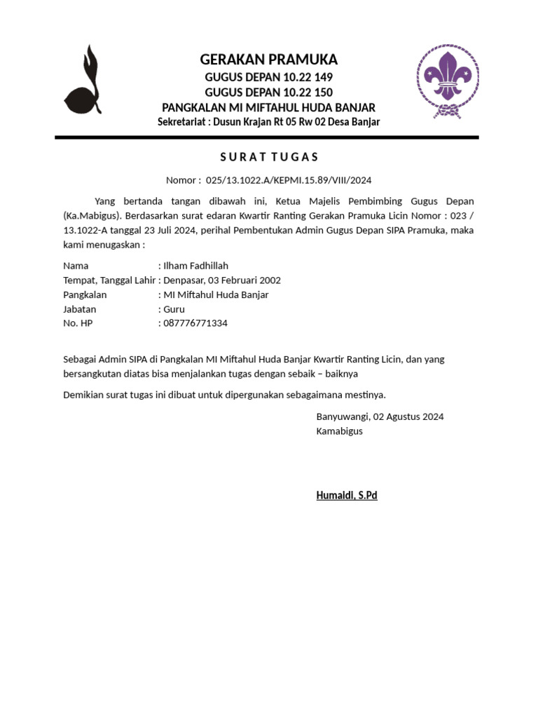 Contoh SURAT TUGAS ADMIN SIPA | PDF