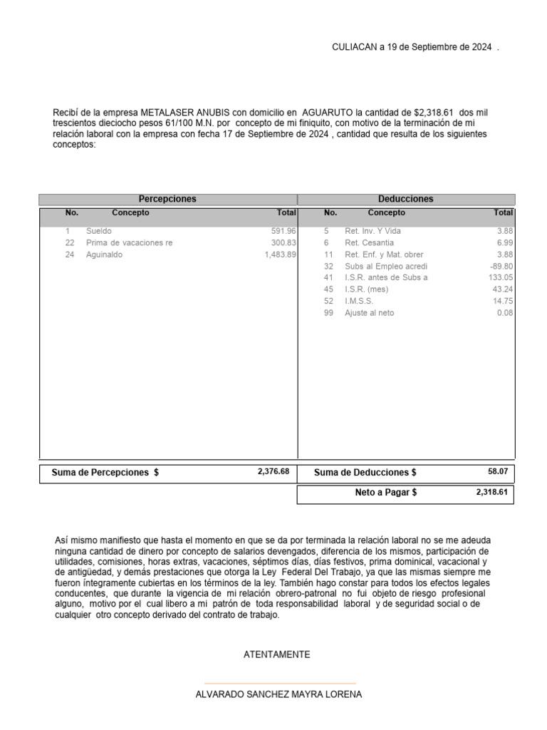 Plantilla Nomina CartaFiniquito - RDL | PDF | Labor