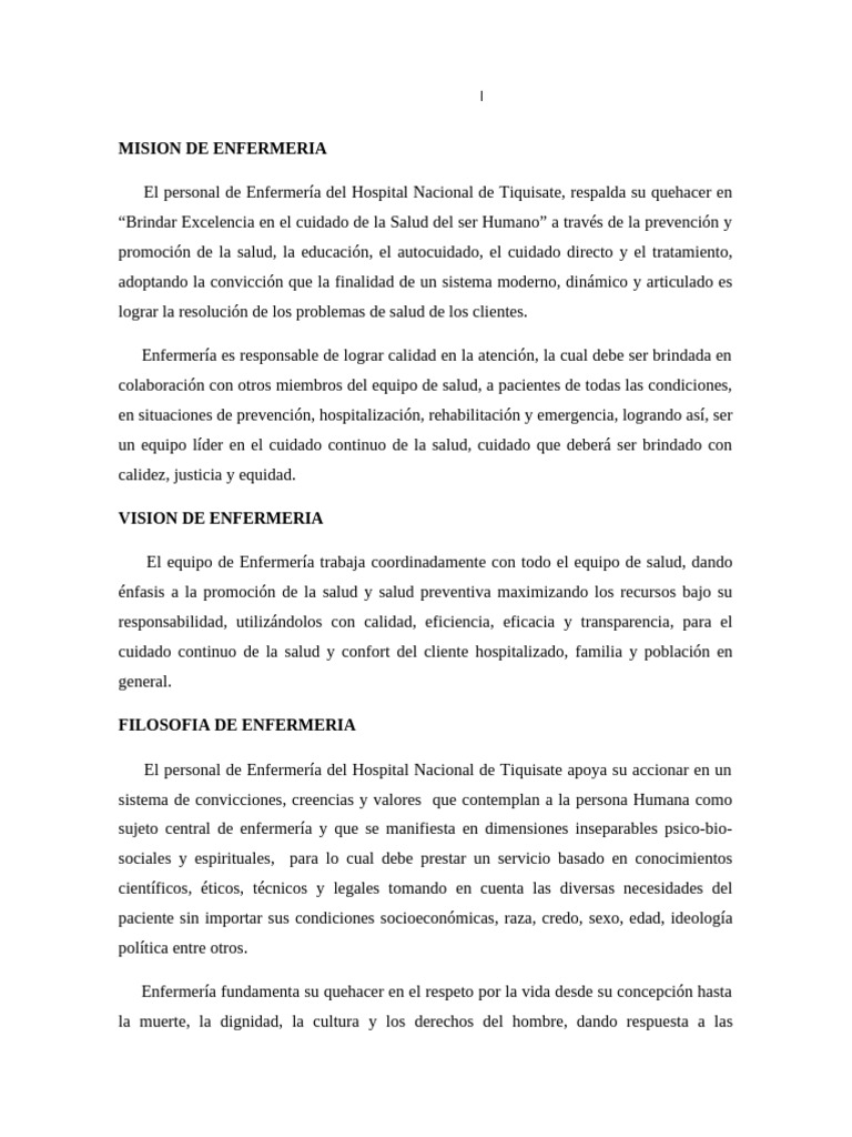 Mision Vision - Filosofia de Enfermeria HNT | PDF