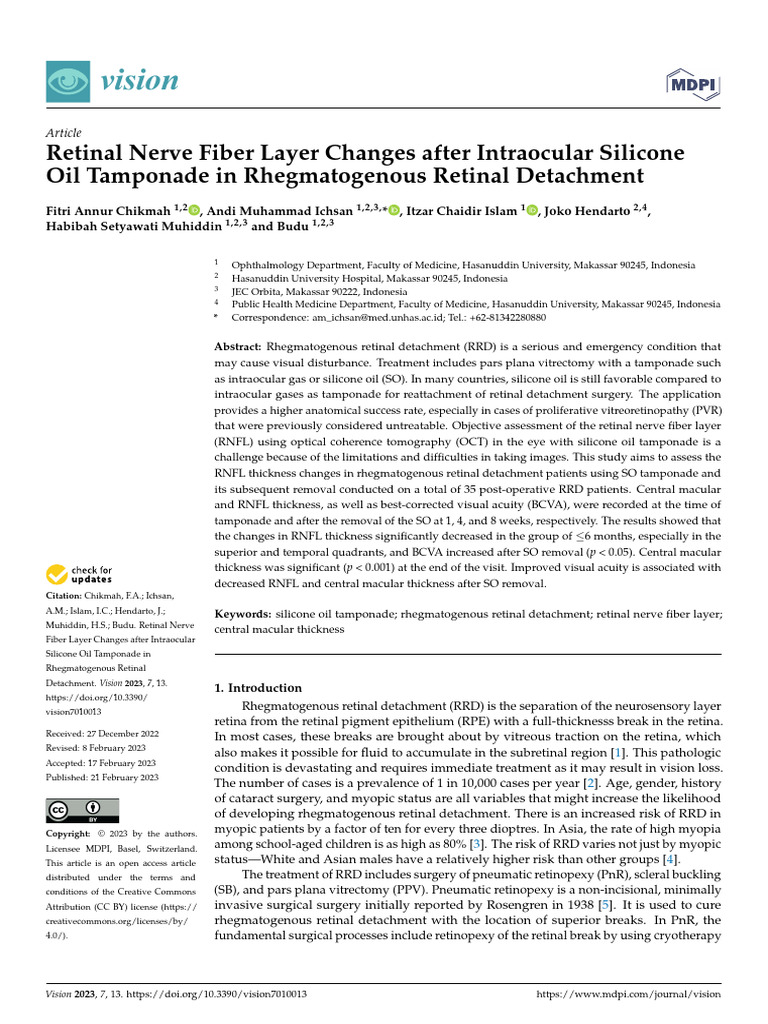 Retinal Nerve Fiber Layer Changes After Intraocular Silicone Oil Tamponade in Rhegmatogenous ...