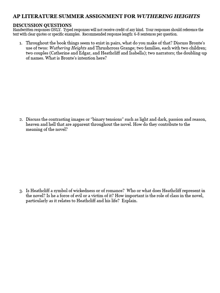 Wuthering Heights Discussion Questions | PDF
