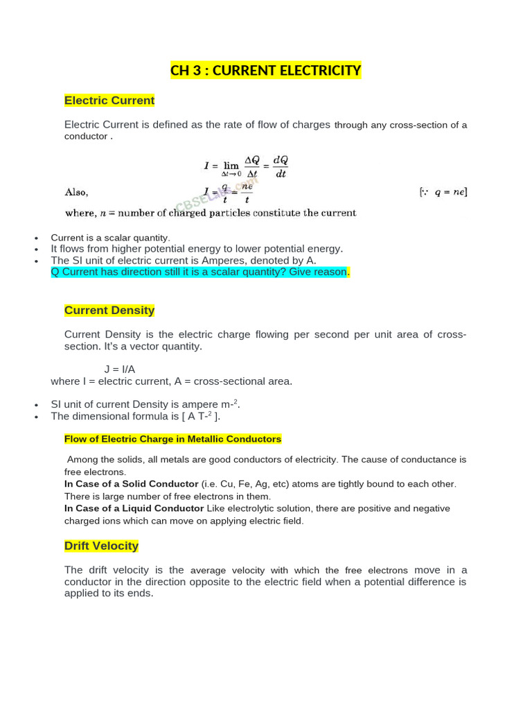 CH 3 Cureent Electricity | PDF | Electrical Resistivity And ...