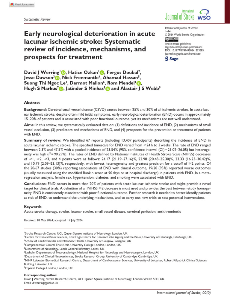 Werring Et Al 2024 Early Neurological Deterioration in Acute Lacunar ...
