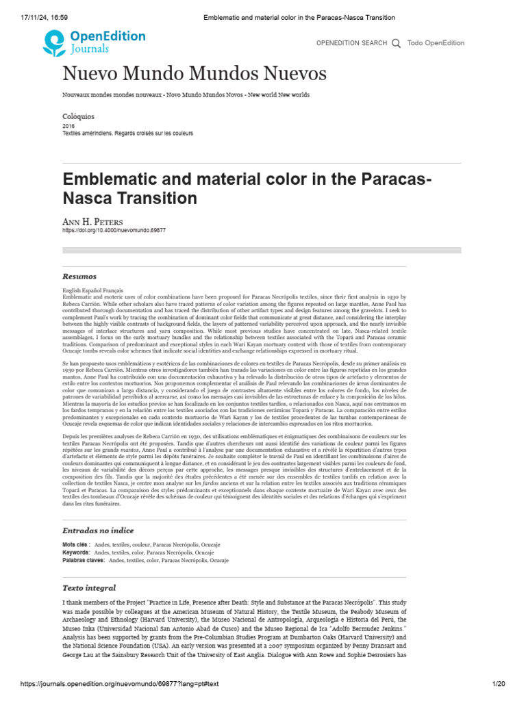 Emblematic and Material Color in The Paracas-Nasca Transition | PDF ...