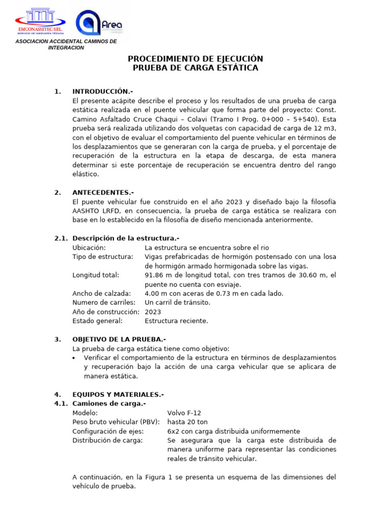 Procedimiento Prueba de Carga Estatica | PDF | Puente