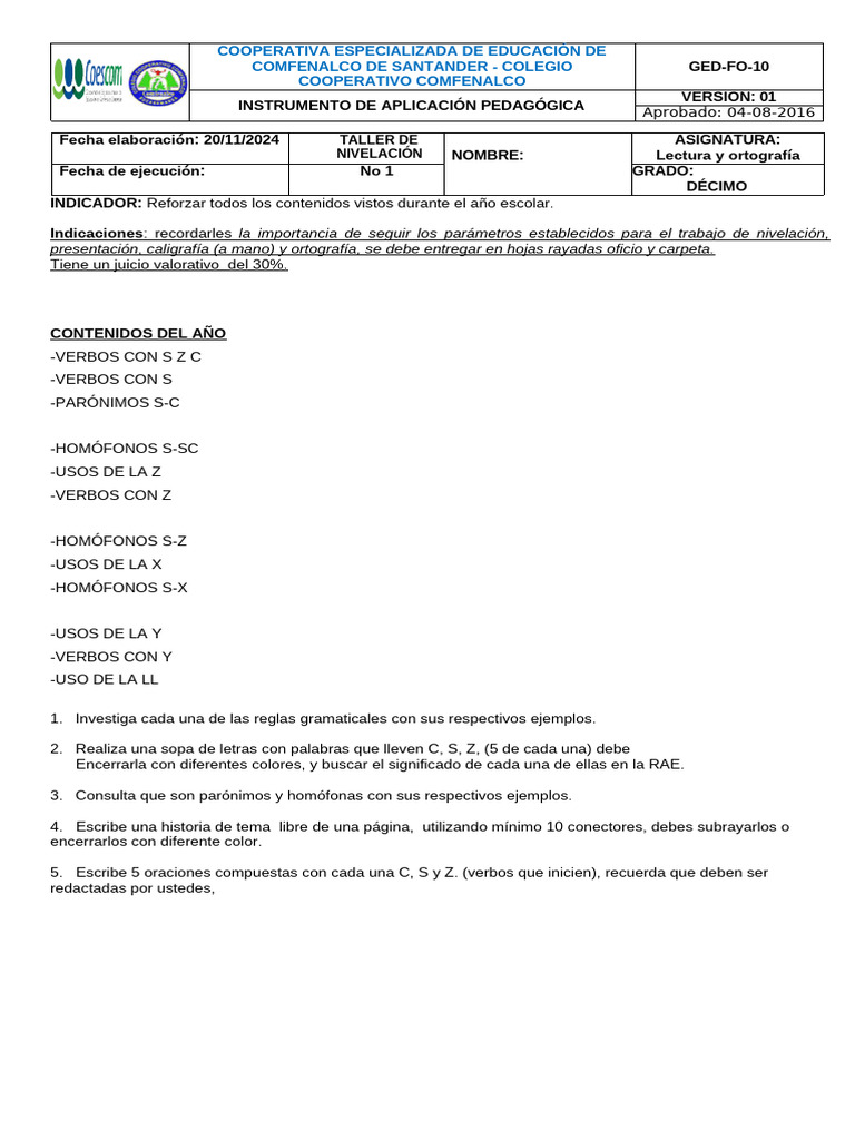 Taller de Nivelación en Lectura y Ortografía | PDF | Ortografía