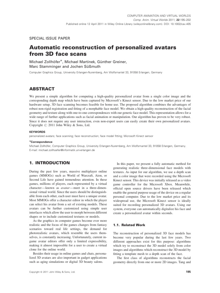 Automatic reconstruction of personalized avatars from 3D face scans | PDF | 3 D Computer ...