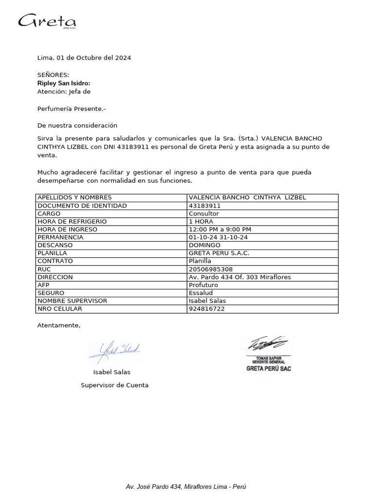 692-2-Carta de Presentacion - VALENCIA BANCHO CINTHYA LIZBEL - Ripley San Isidro | PDF