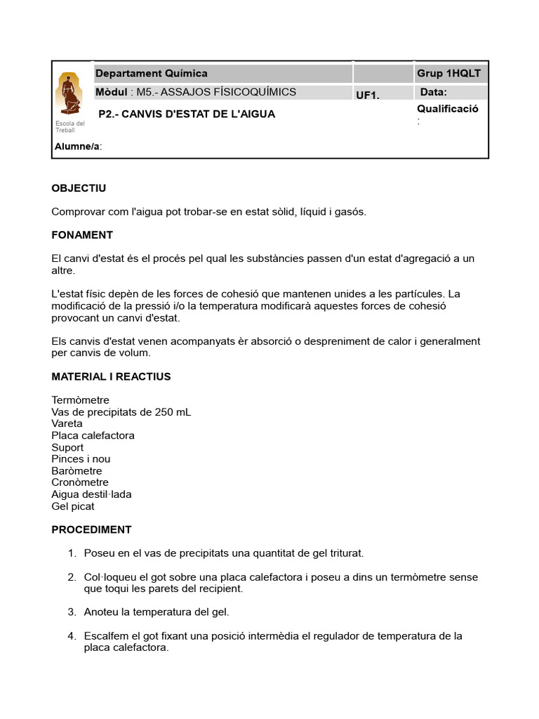 Departament Química Grup 1HQLT Mòdul UF1. Data: P2.-Canvis D'Estat de L'Aigua Qualificació | PDF