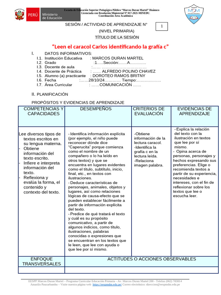 ESQUEMA DE SESION DE APRENDIZAJE 2024-2 Bri Hoy | PDF | Educación primaria | Evaluación
