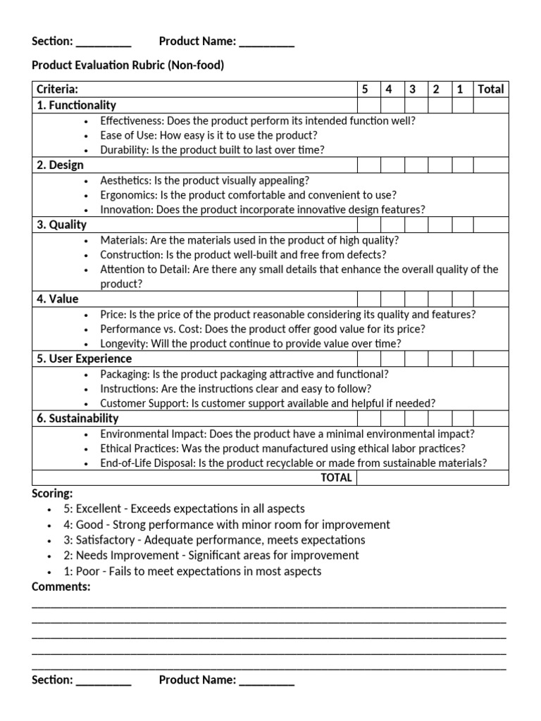 1stQ - Product Evaluation Rubric (Non-Food) | PDF | Packaging And ...