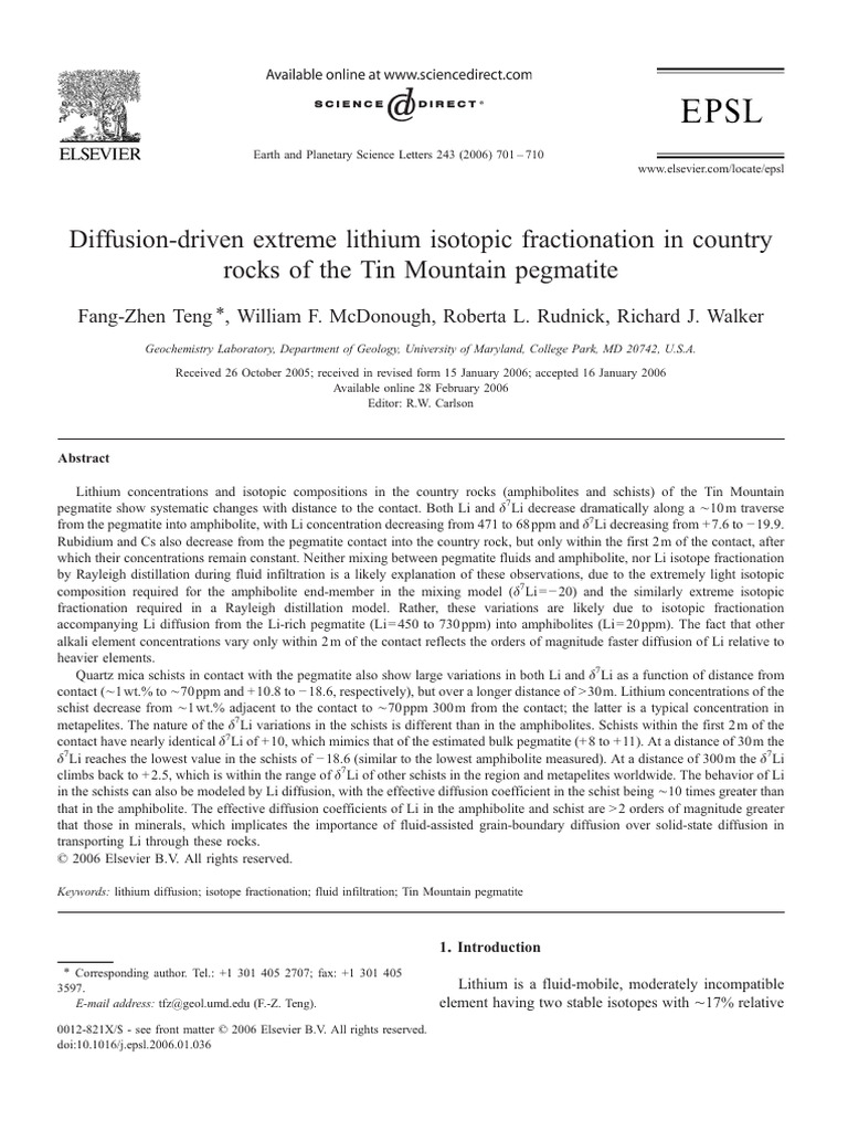 Diffusion-Driven Extreme Lithium Isotopic Fractionation in Country | PDF | Diffusion | Lithium