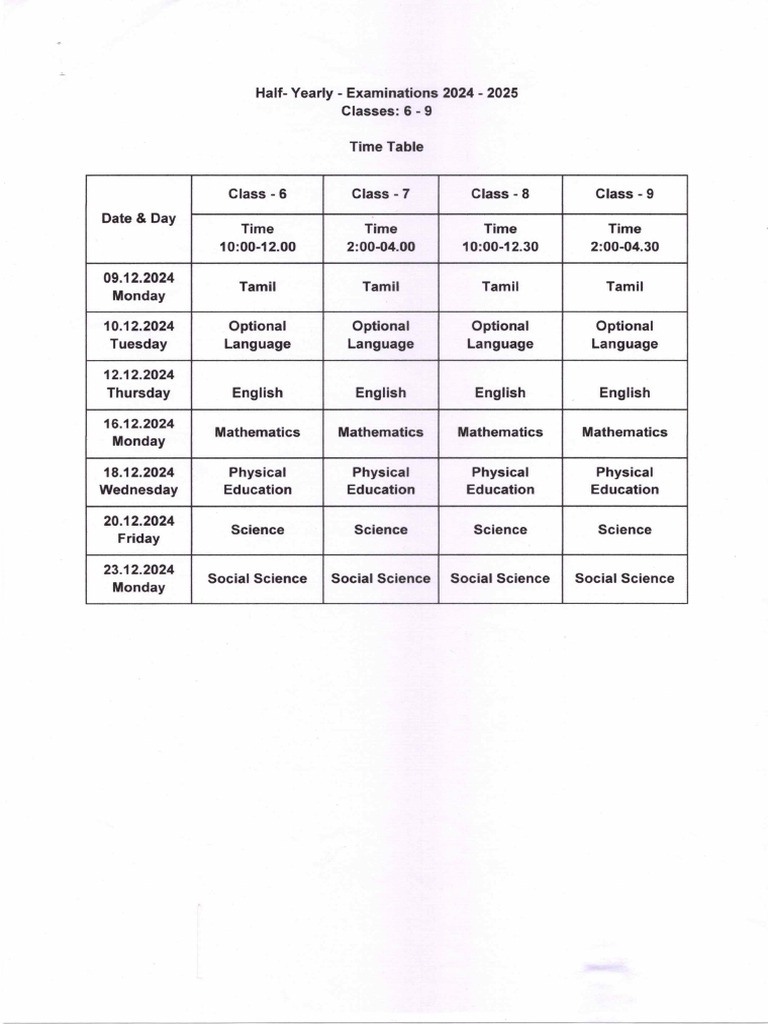 December 2024 - Half Yearly Examination Time Table - Class VI To XII | PDF