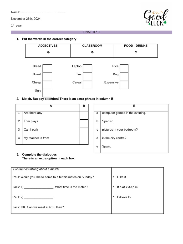 1st Year - Final Exam 2024 | PDF | Lunch | Linguistics