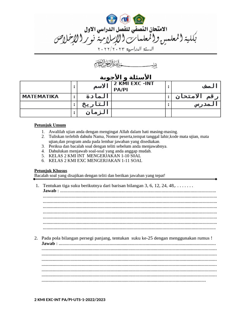 Soal Mid Mat Kelas 2 Kmi Int Exc 2022 | PDF