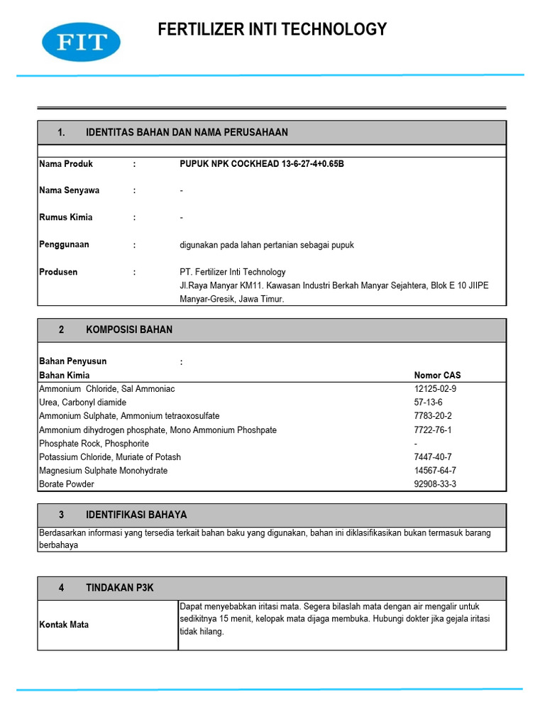 MSDS NPK Cockhead 13-6-27-4+0.65B | PDF