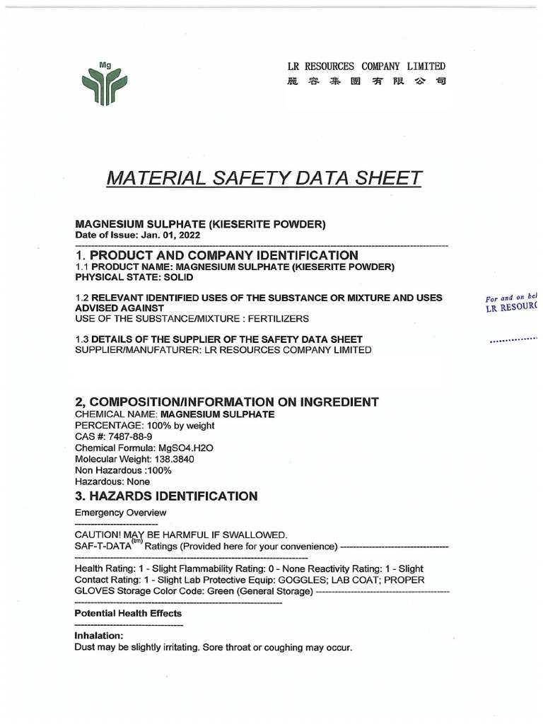 Msds Kieserite Powder | PDF
