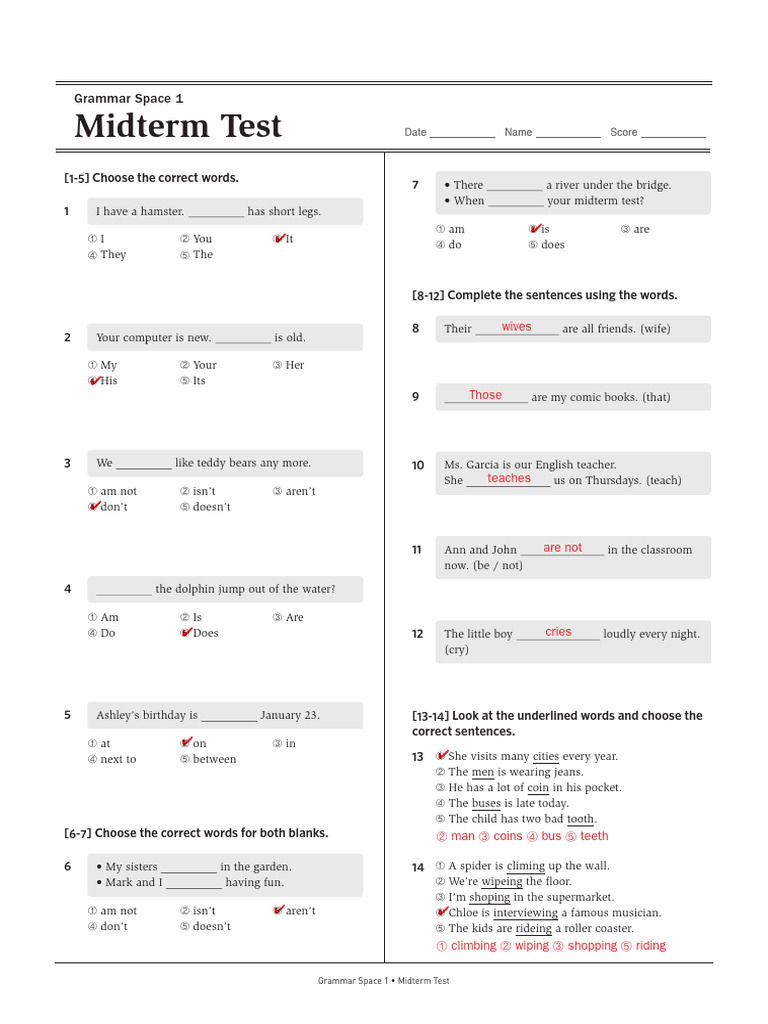 Grammar Space 1 Midterm & Final Tests | PDF