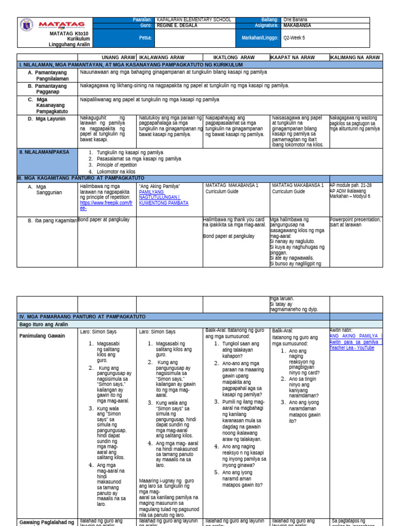 Week 5-Q2 - Makabansa Daily Lesson Log Grade 1 | PDF