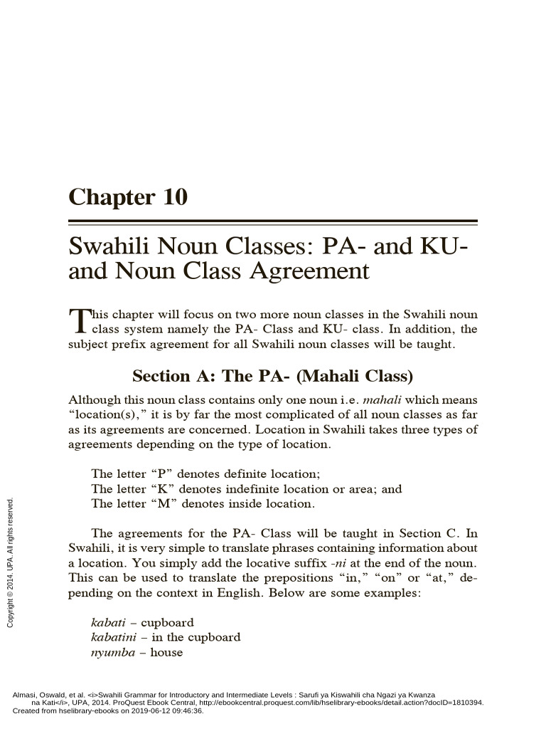 Swahili Noun Classes - PA - and KU - and Noun Class Agreement | PDF | Swahili Language | Verb