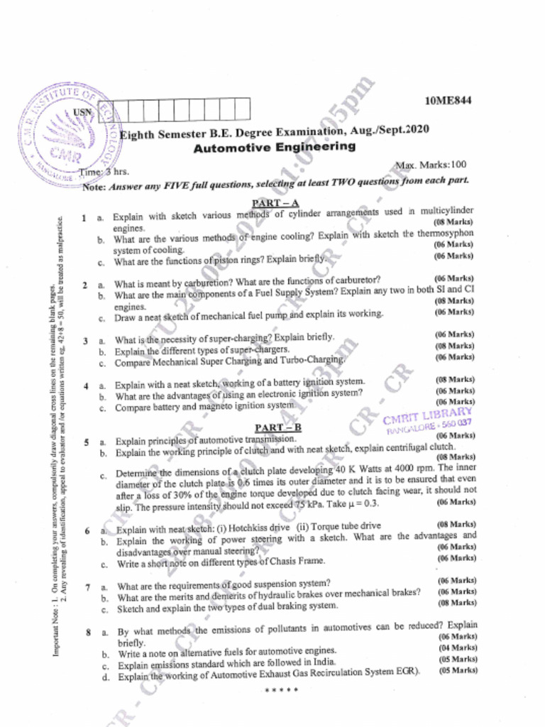 VTU Question Paper of 10ME844 Automotive Engineering Aug - 2020 | PDF