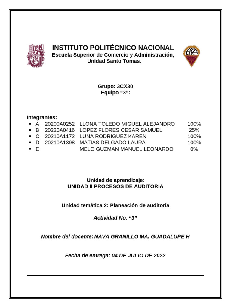 U2 Act3 Equipo 3 | PDF | Auditoría | Sistema de manejo de calidad