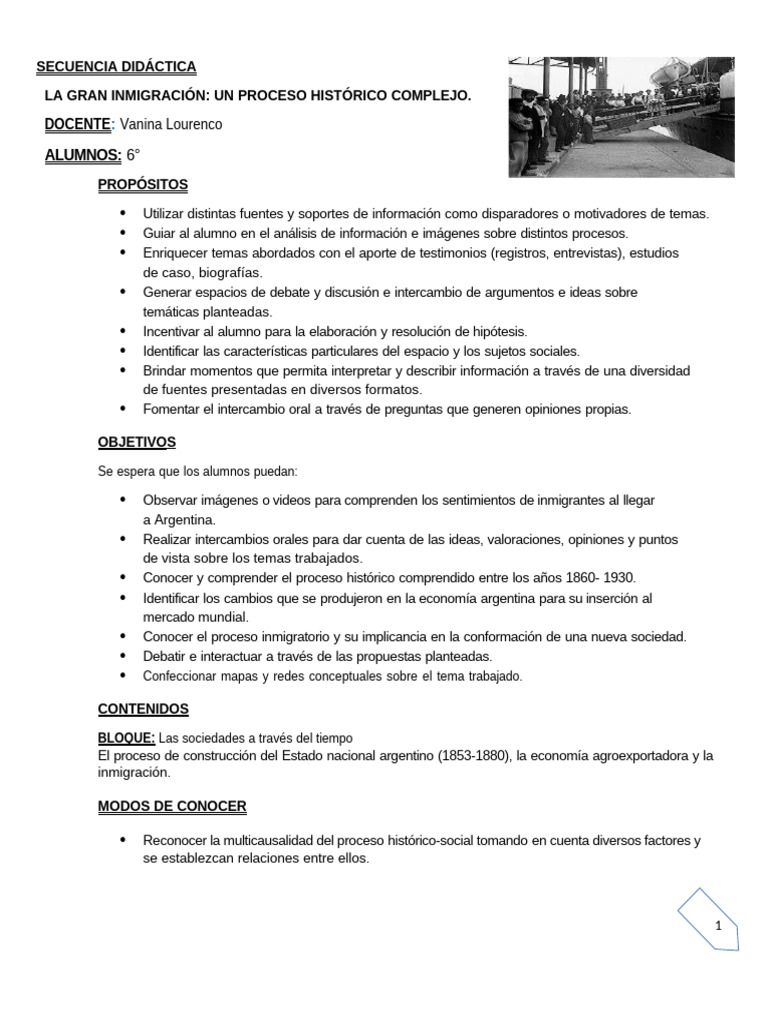 Secuencia Didactica La Inmigracion Sexto Año | PDF | Migración humana ...
