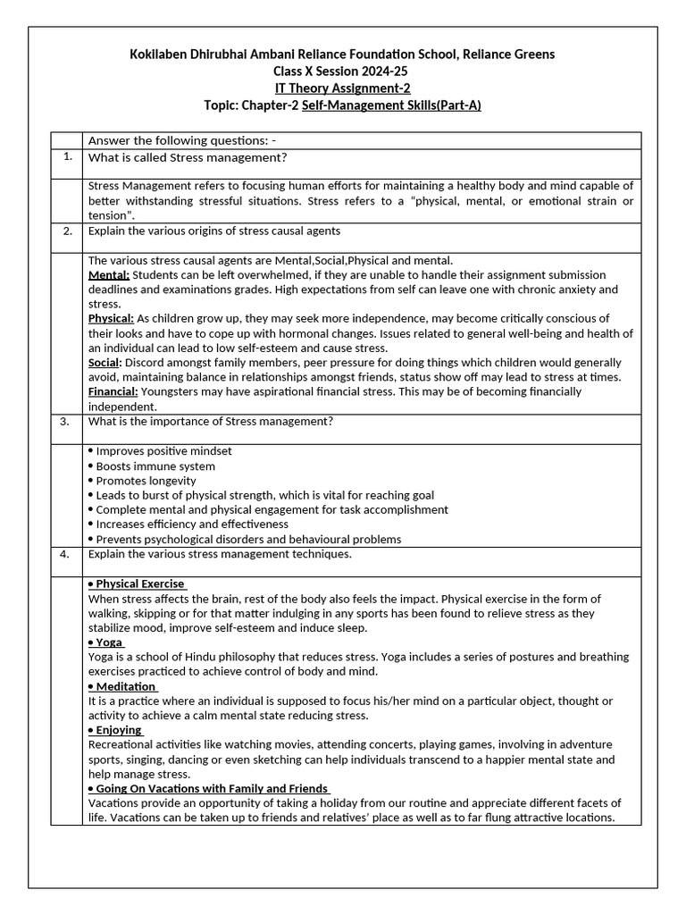 Unit-2 Self Management Skills | PDF | Stress (Biology) | Goal