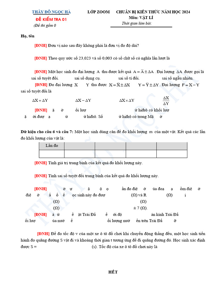 ĐỀ KIỂM TRA 01 - ZOOM-VL10 2K9 | PDF