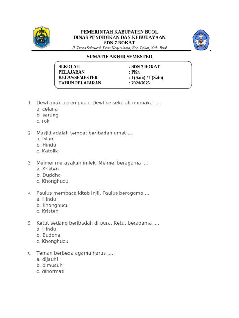 Mama Soal PKN Kelas 1 | PDF