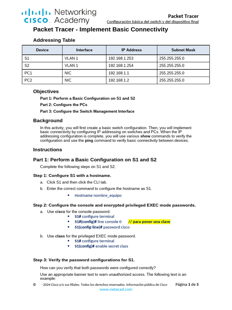 2.9.1 Packet Tracer - Basic Switch and End Device Configuration Jorge Mendez | PDF | Ip Address ...