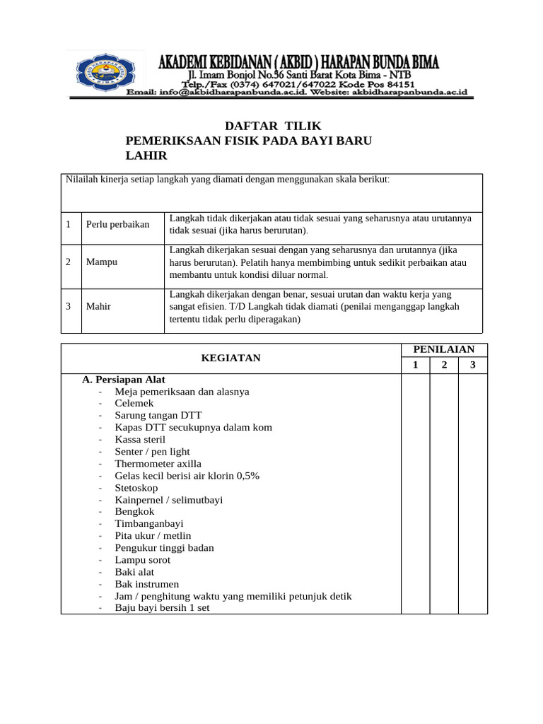 Daftar Tilik Pemeriksaan Fisik BBL | PDF