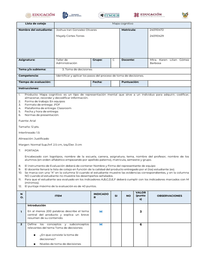T3 - Lista de Cotejo - TA - Mapa Cognitivo | PDF | Toma de decisiones | Evaluación