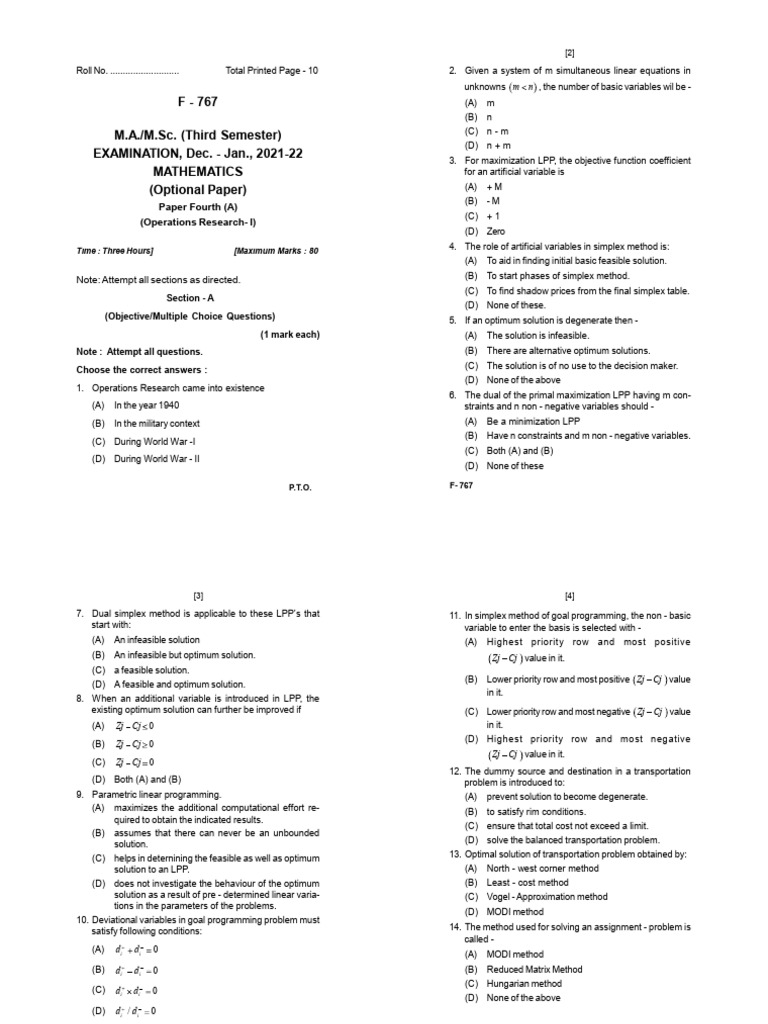Ma MSC 3 Sem Mathematics Operations Research 1 F 767 Jun 2022 | PDF ...