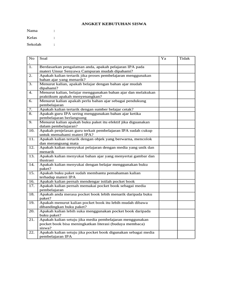 Angket Kebutuhan Siswa.. | PDF
