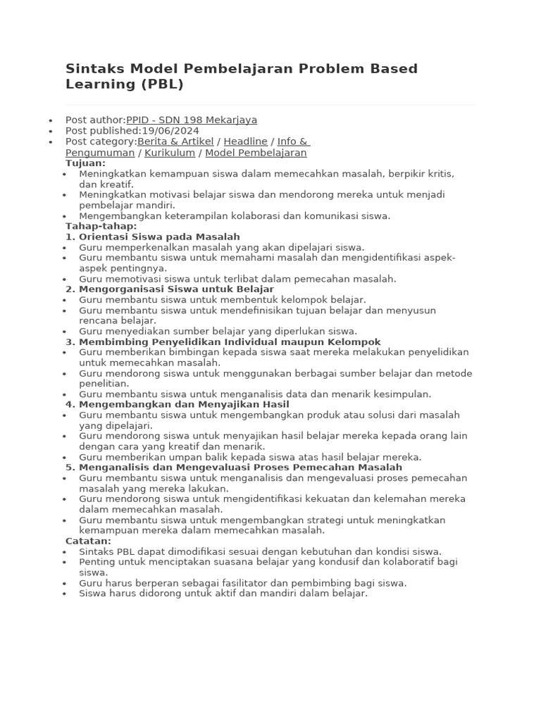 Sintaks Model Pembelajaran Problem Based Learning | PDF