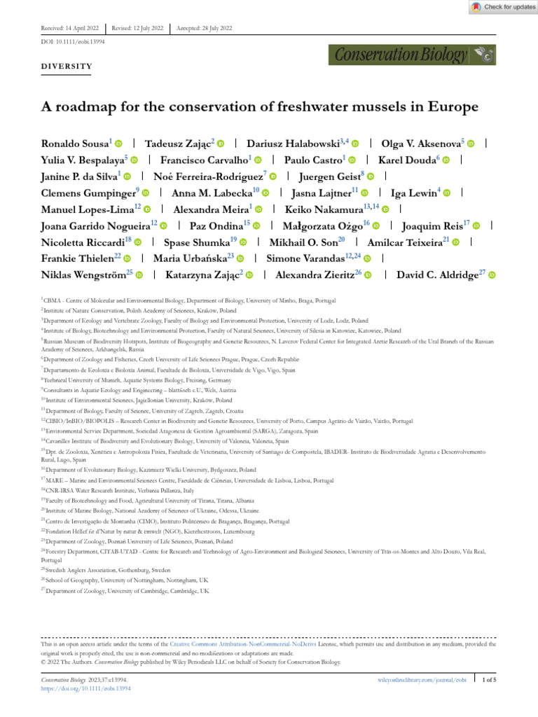 A Roadmap For The Conservation of Freshwater Mussels in Europe | PDF ...