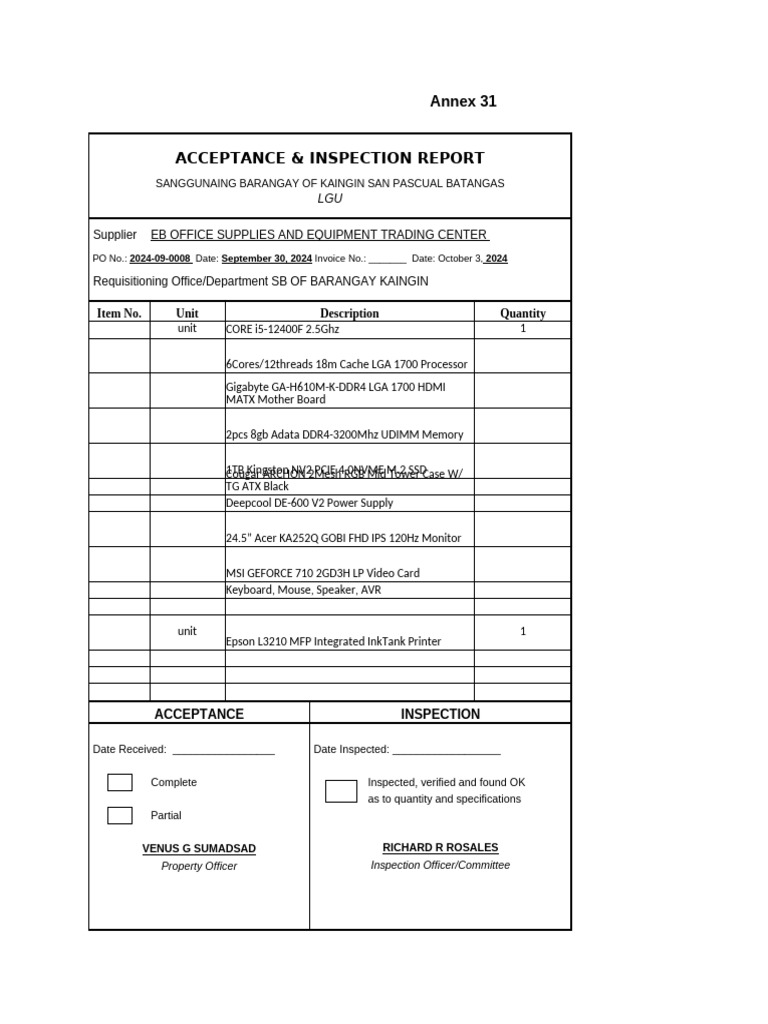 Acceptance and Inspection Report | PDF | Computer Hardware | Computer ...